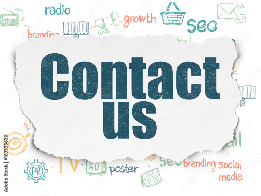 Marketing concept: Painted blue text Contact Us on Torn Paper background with Scheme Of Hand ...