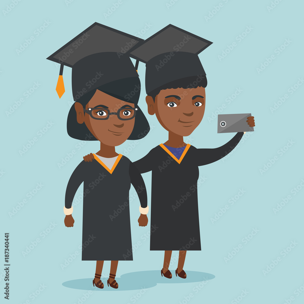 Young happy african-american graduates making selfie. Cheerful ...