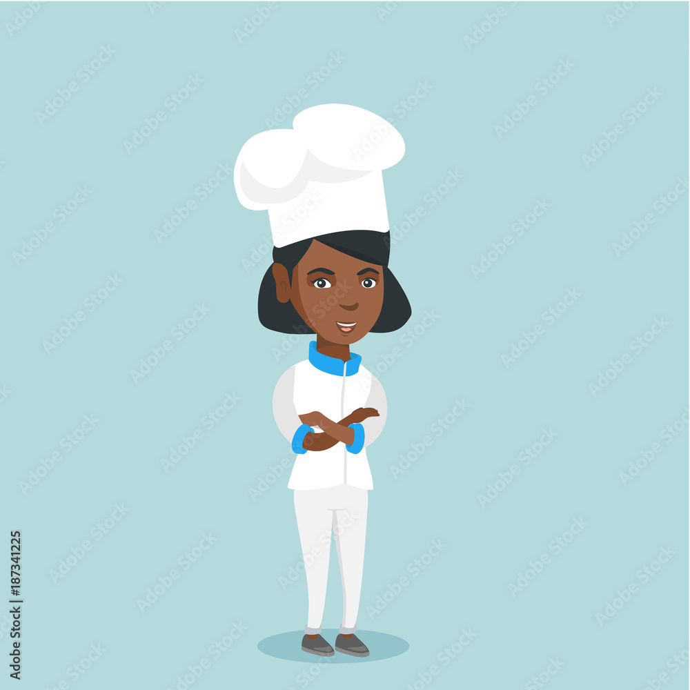 Cheerful african-american chief cook in uniform and hat standing with ...