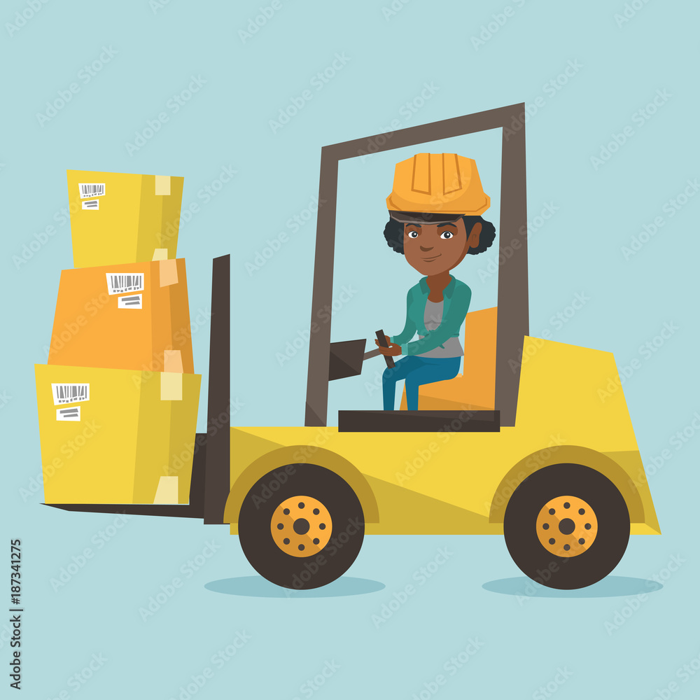 Young african-american warehouse worker in hard hat loading cardboard ...