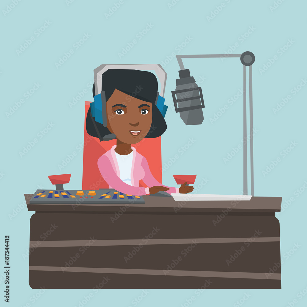 Stockvektorbilden Young african-american radio host working in front of ...