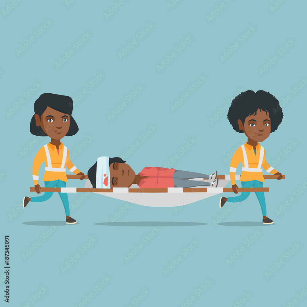 African emergency doctors transporting victim after accident on the ...