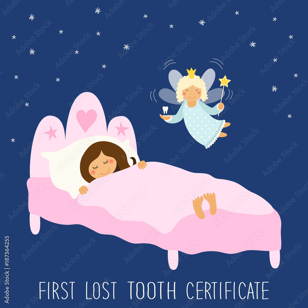Cute hand drawn First Lost Tooth Certificate as sleeping kid and funny ...