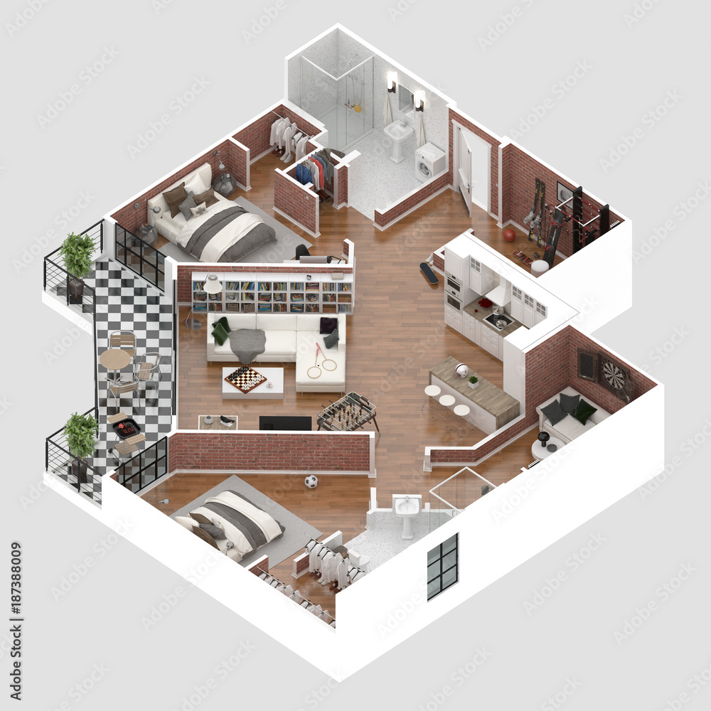 Floor plan of a house top view 3D illustration. Open concept living ...