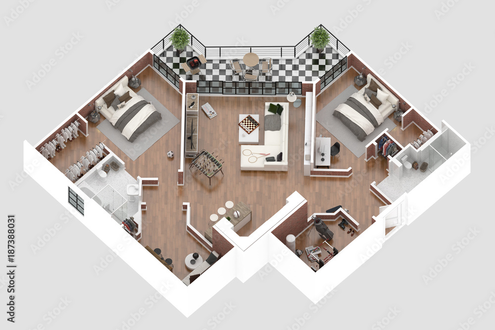 Floor plan of a house top view 3D illustration. Open concept living ...