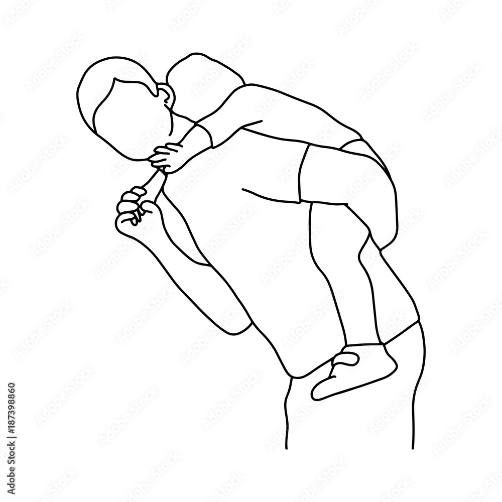 Father and son doing Piggyback ride vector illustration outline sketch ...
