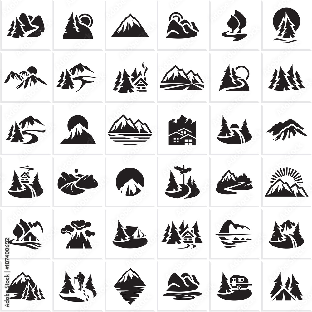 mountain icons set, hills, forest, wood, trees, rivers, lakes, nature ...