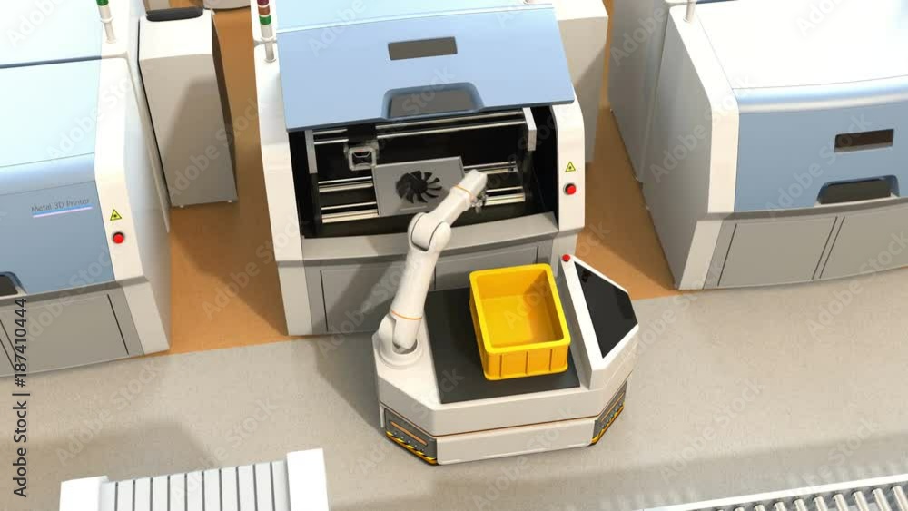 Vidéo Stock AGV (Automatic guided vehicle) picking parts from metal 3D ...