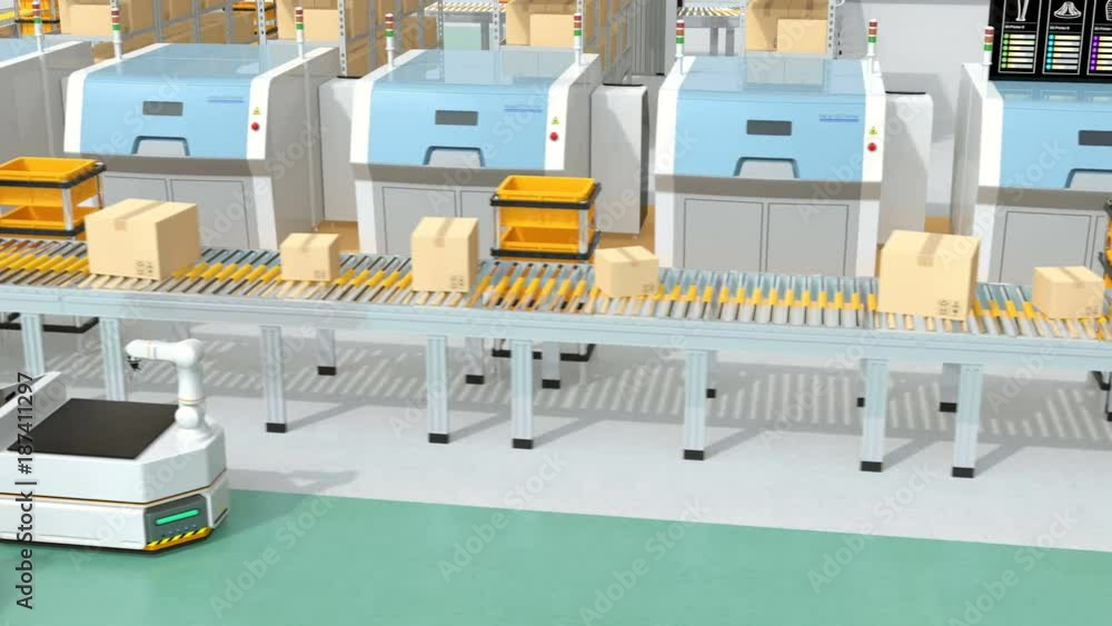Robotic arm picking parcel from conveyor to AGV (Automatic guided ...