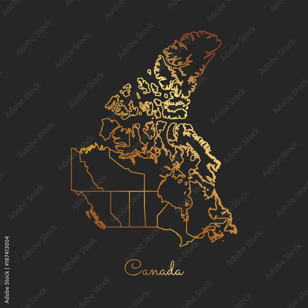 Canada region map: golden gradient outline on dark background. Detailed ...