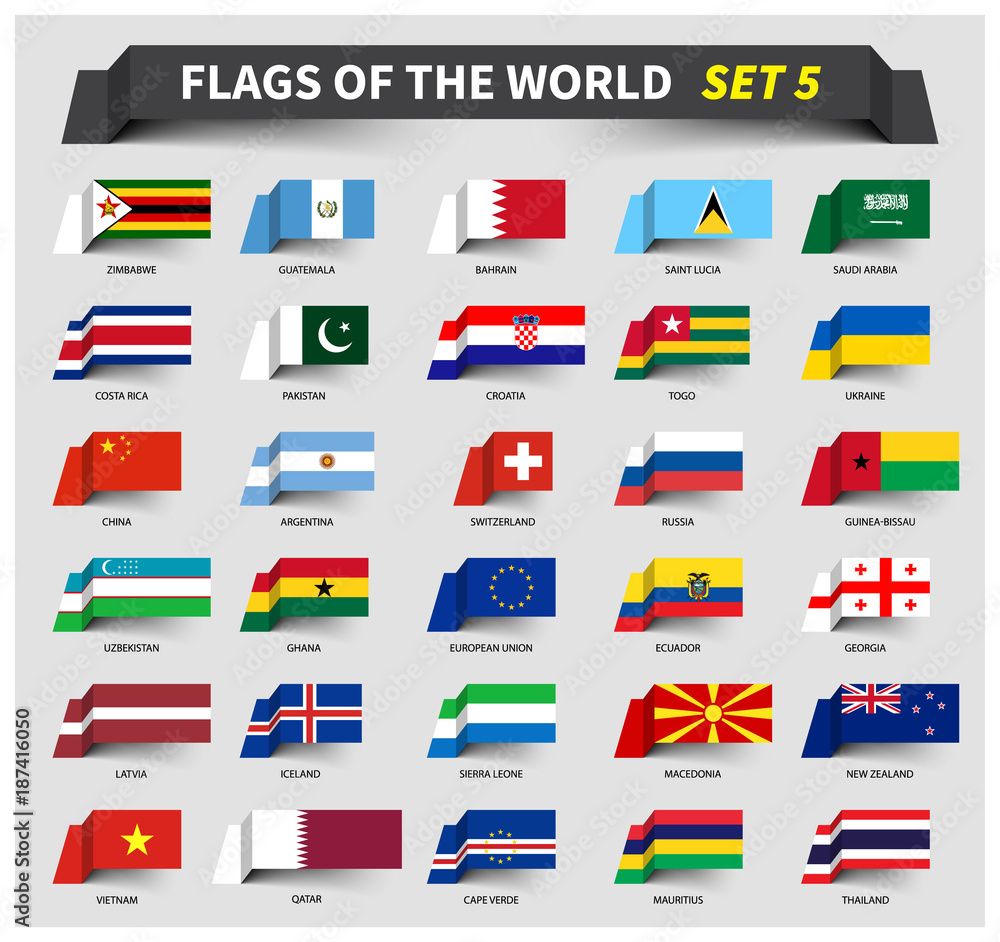 All flags of the world set 5 . Waving ribbon style Stock Vector | Adobe ...