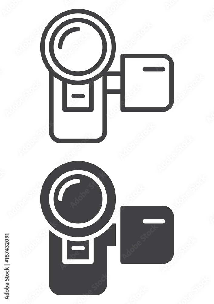 Camcorder, video camera icon, line and solid version, outline and ...
