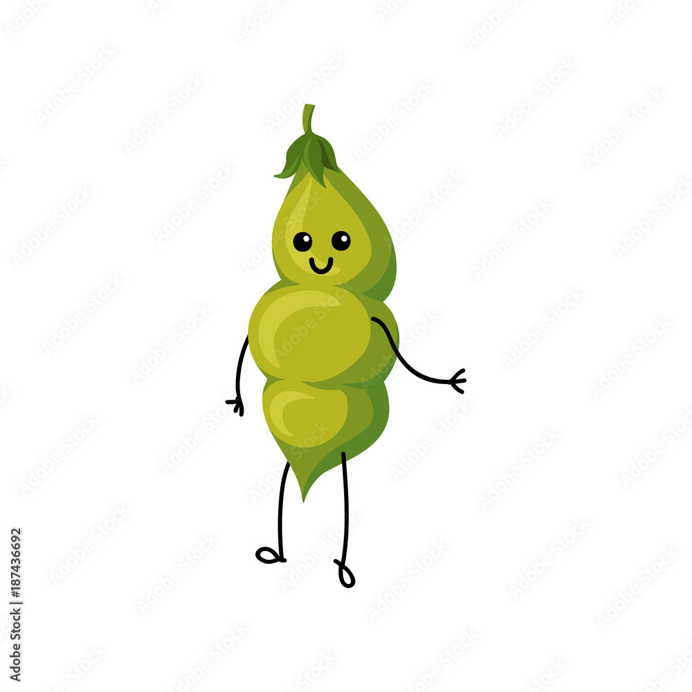 Funny smiling fresh green haricot with leaf cartoon character vector ...