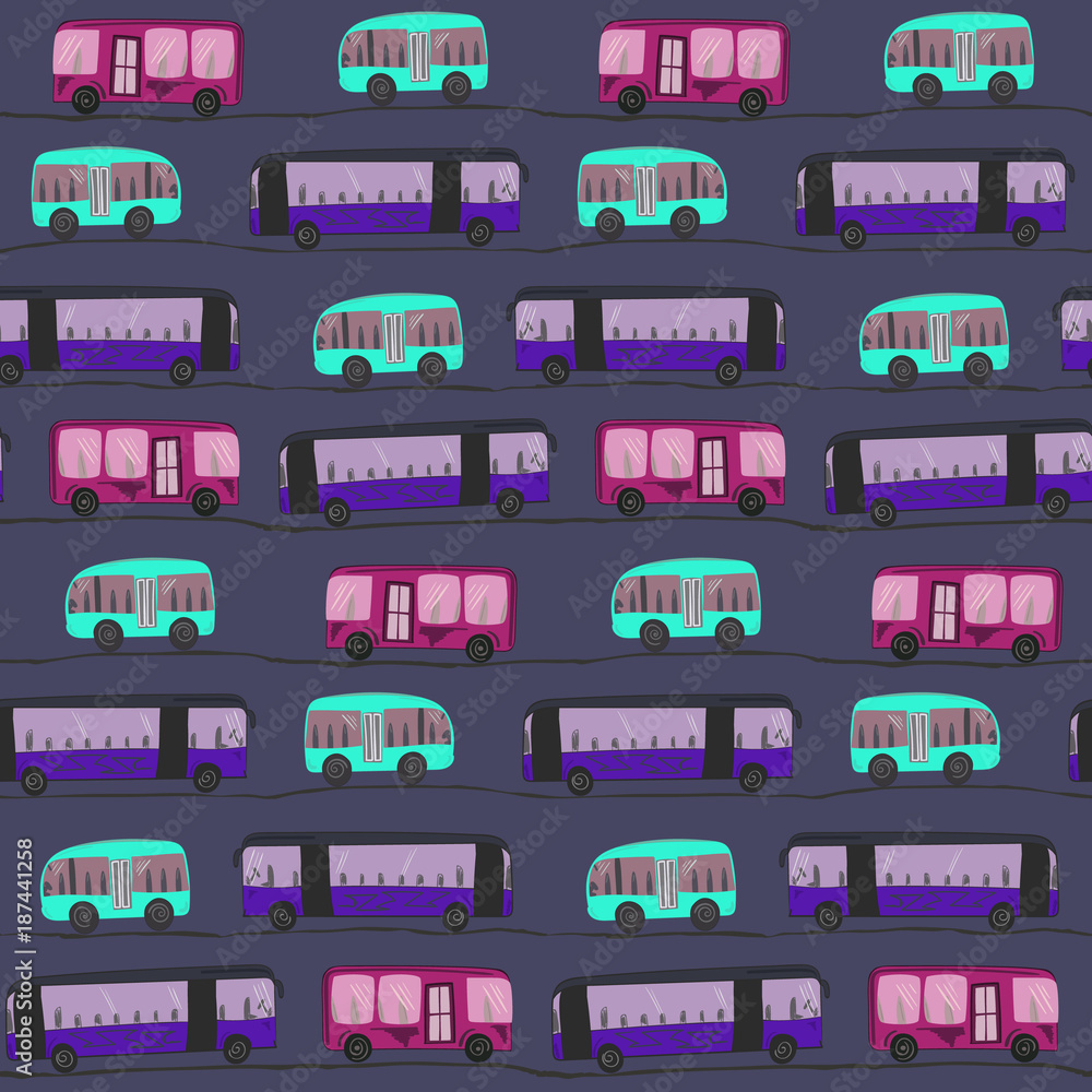 Cute cartoon seamless pattern with buses on the night road. Nice hand ...