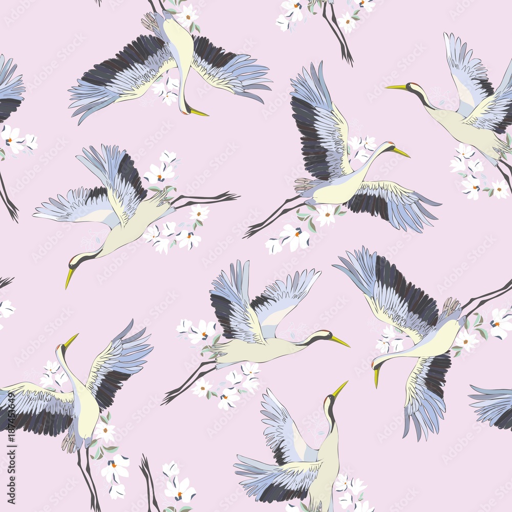 Japanese seamless pattern of birds and water. Traditional vintage ...