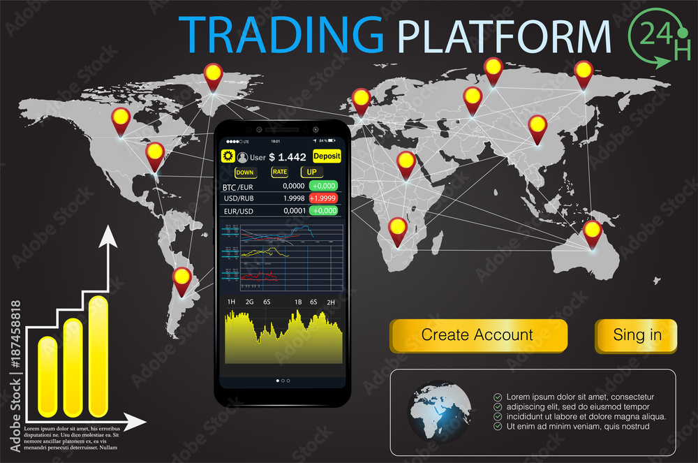 HUD UI for business app .Trade market Binary option. Set web flat Infographic elements, map ...