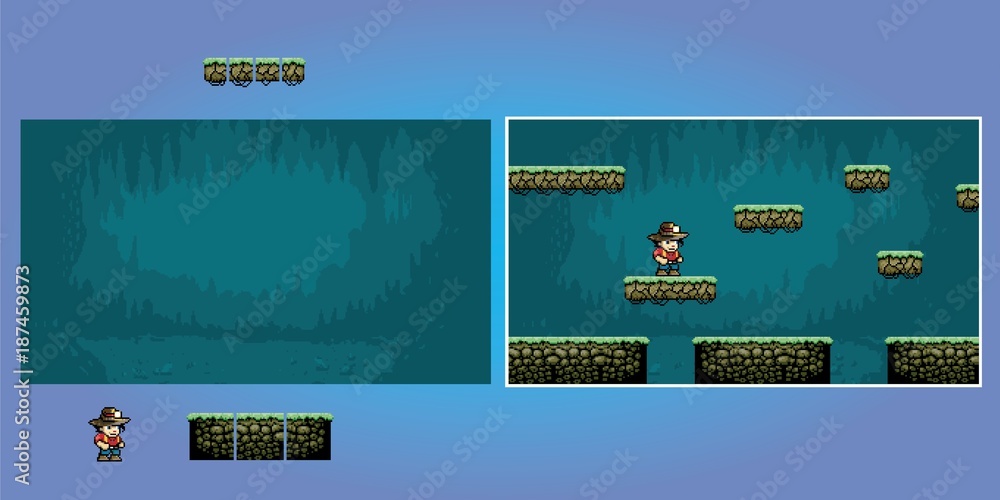 platform game pixel art graphics kit, video game vector illustration ...