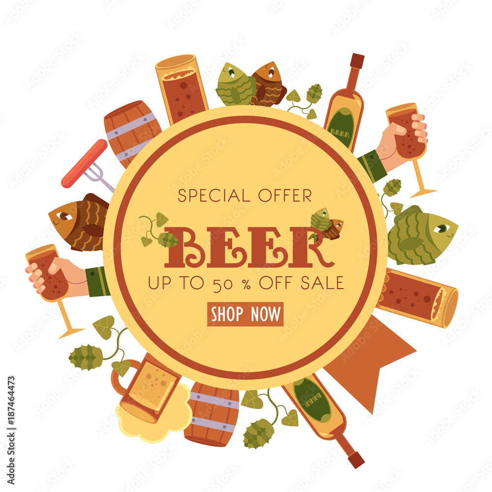 Vector cartoon beer symbols icon circle pattern, poster template. man ...