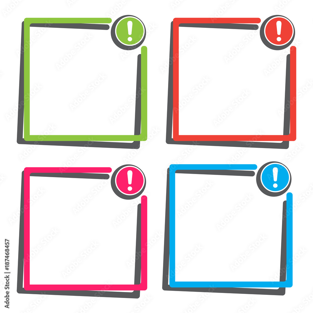 Colorful set of text boxes with exclamation mark button. Vector ...
