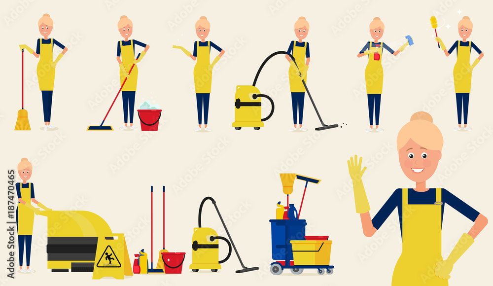 A set of cartoon characters of a cleaning company. Washing, vacuuming ...