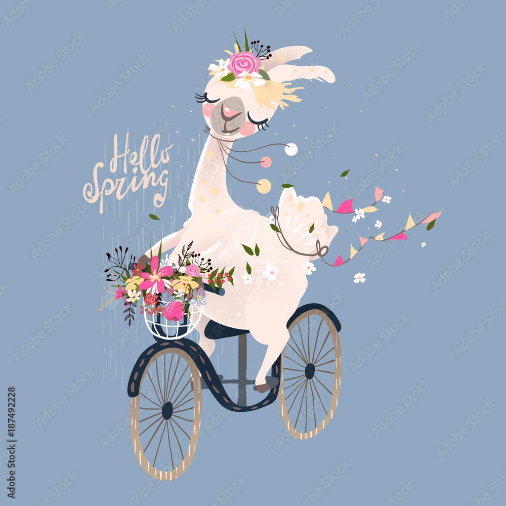 Cute romantic llama, alpaca with floral wreath and hanging flags drive ...