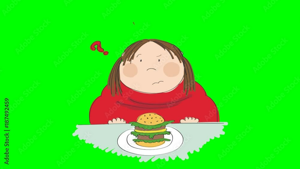Animation of a fat woman with hamburger sitting in fast food and trying ...