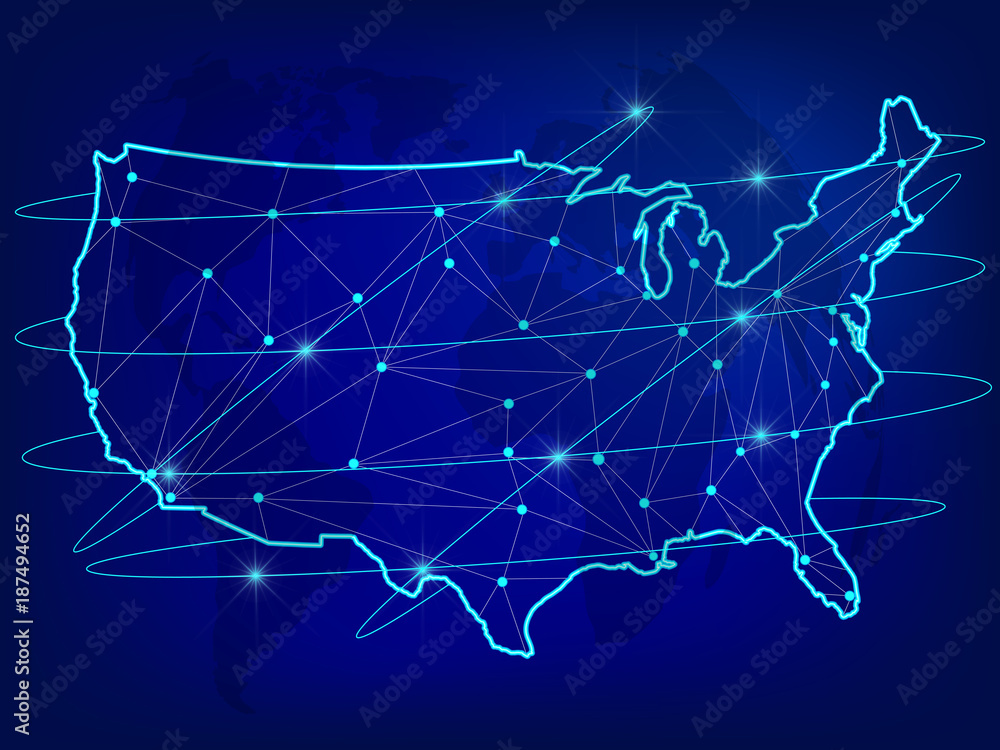 Global logistics network concept. Communications network map of the USA ...