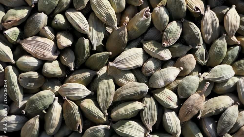 green cardamom seeds rotating in slow motion top view 4k. Macro Pile of ...
