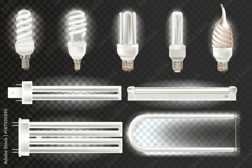 Set of various light realistic fluorescent lamps, different shapes ...
