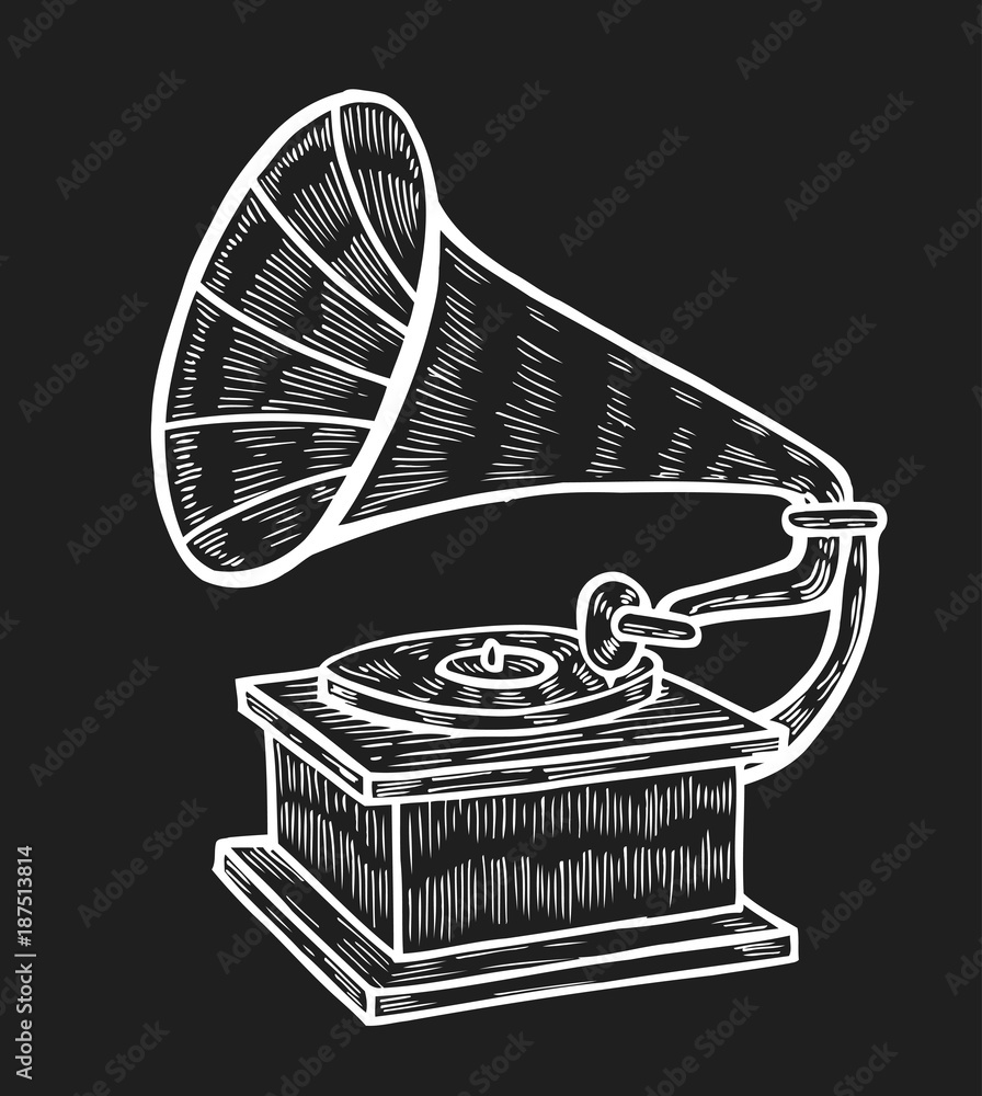 Hand drawn gramophone, sketch Stock Vector | Adobe Stock
