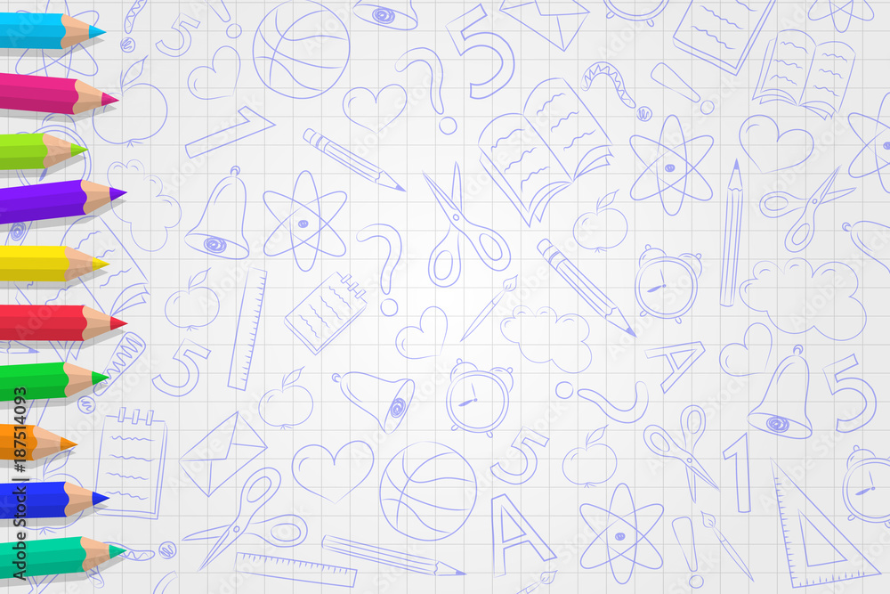 Back to school - background with funny doodles and colored pencils ...