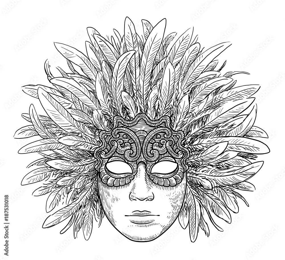 Venetian mask illustration, drawing, engraving, ink, line art, vector ...