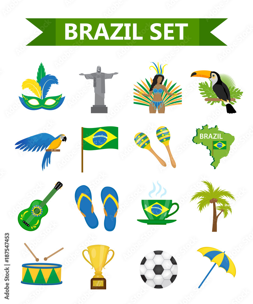 Brazilian carnival icons flat style. Brazil country travel tourism ...