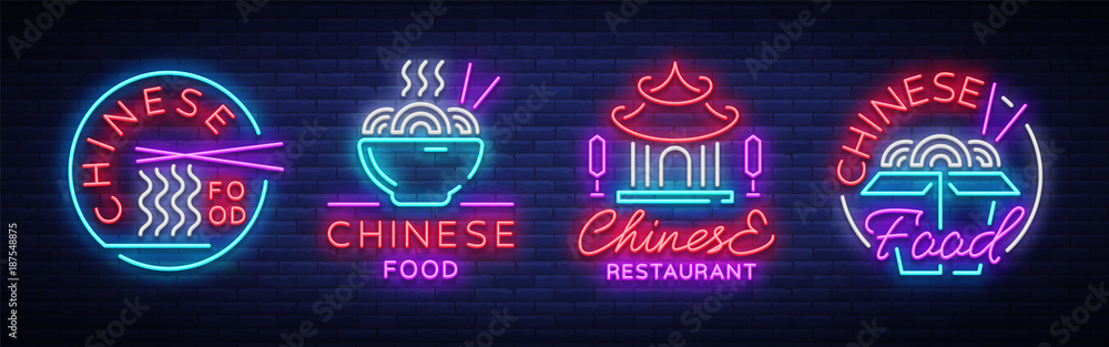 Chinese food set of logos. Collection neon sign, billboard, bright ...