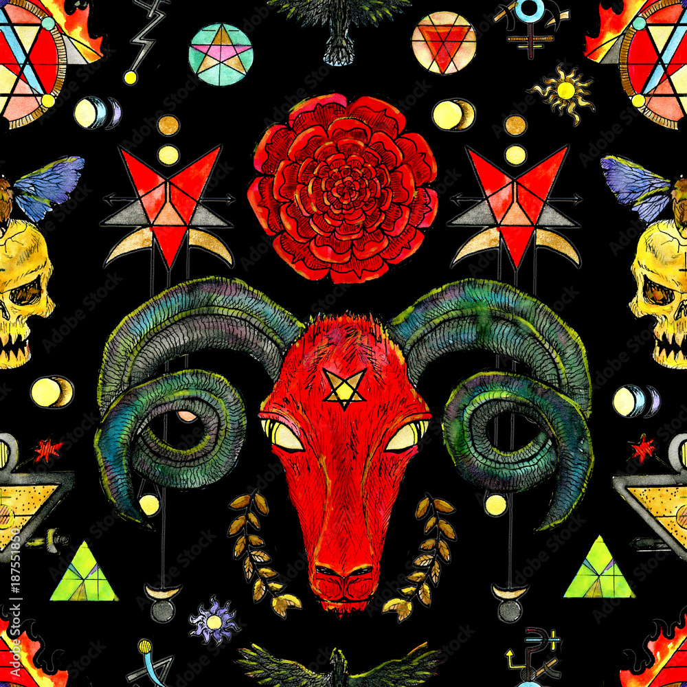Seamless background with symbols of death and devil on black ...