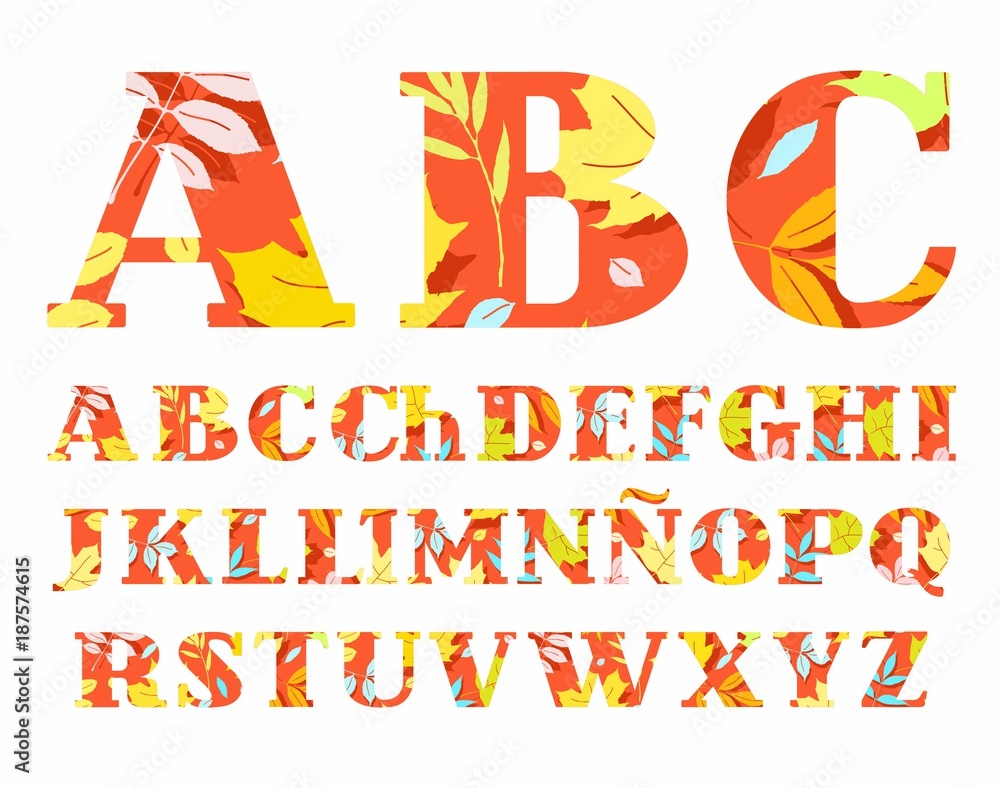 Spanish alphabet, the leaves of the trees, red, vector. Uppercase ...