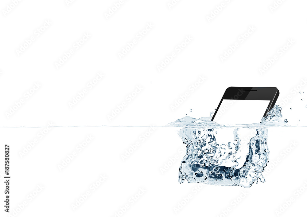 Smartphone with empty screen falls into water. Water splash isolated on ...