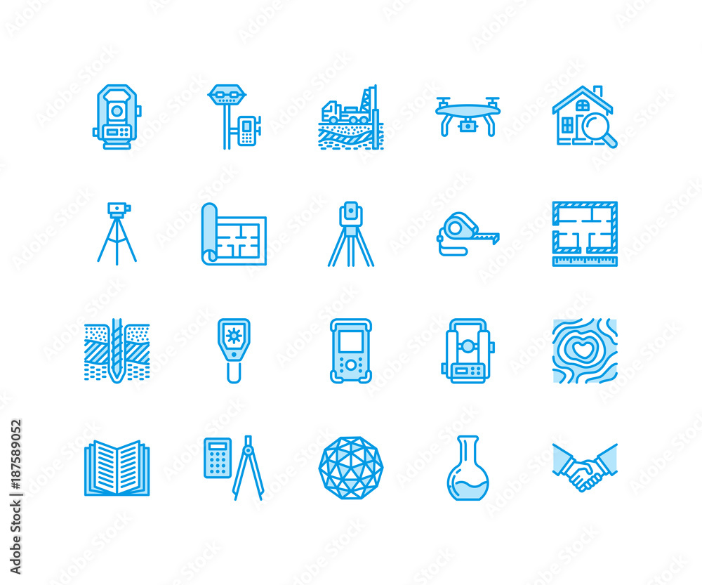 Geodetic survey engineering vector flat line icons. Geodesy equipment ...