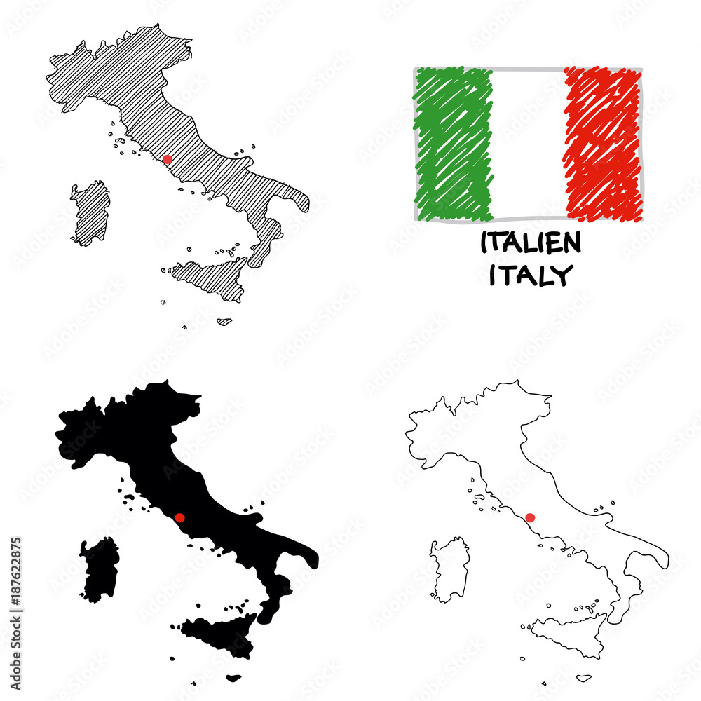 Italien Italy Landkarte gezeichnet schraffiert Umriss mit Fahne Stock ...