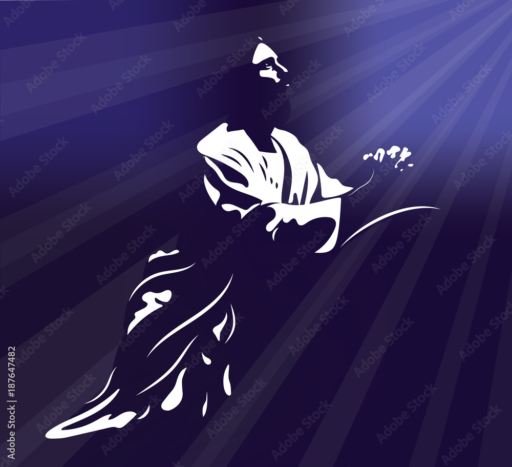 Jesus praying with light rays shining down on him on a dark purple ...