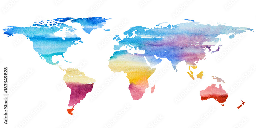 2d hand drawn illustration of world map. Color gradiented watercolor ...