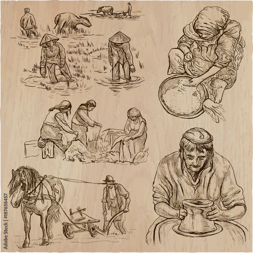 Working class heroes - an hand drawn collection. Line art technique ...