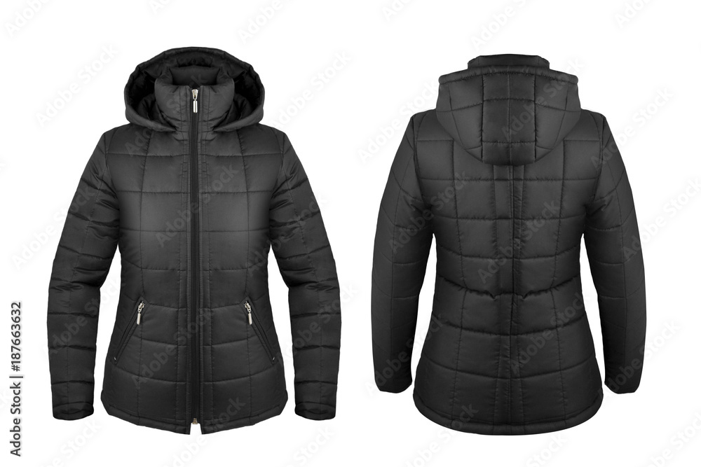 Black down jacket with hood front and back isolated on white Stock ...