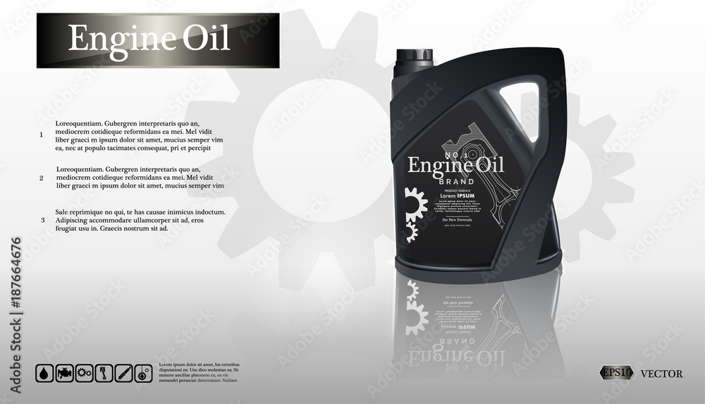 Bottle engine oil on white background with gear, clean vector ...