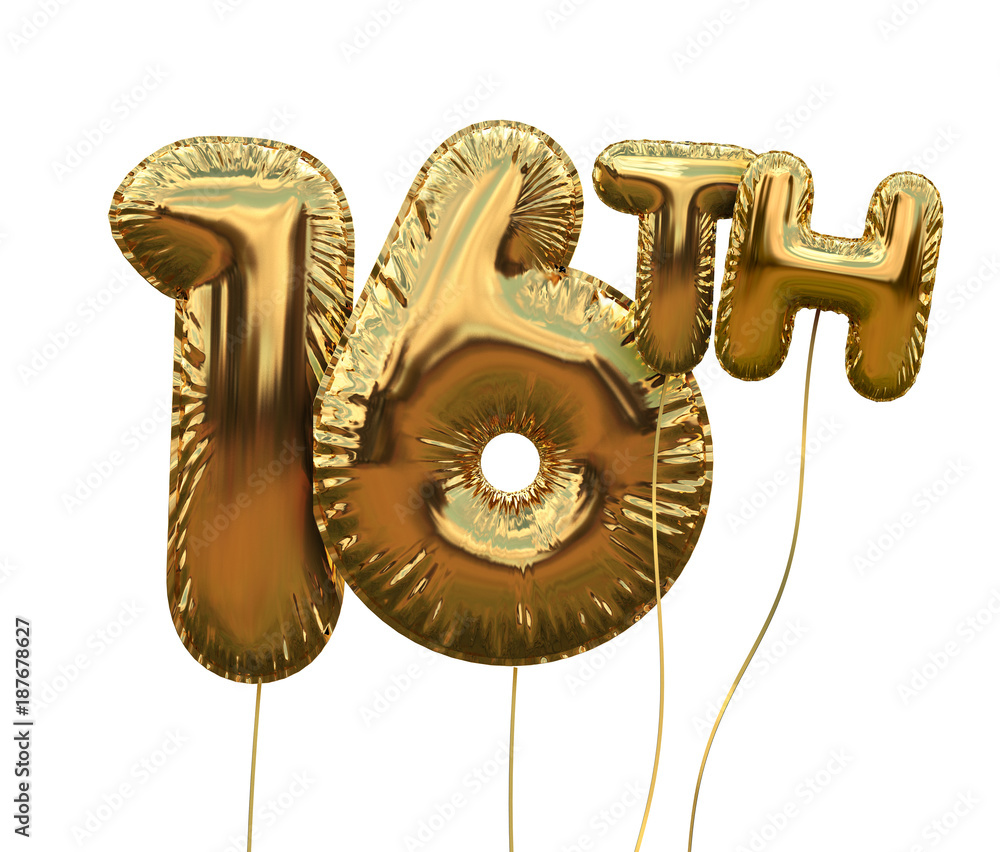Gold number 16 foil birthday balloon isolated on white. Golden party ...