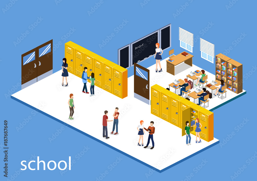 Isometric 3D vector illustration Interior class in school with students ...