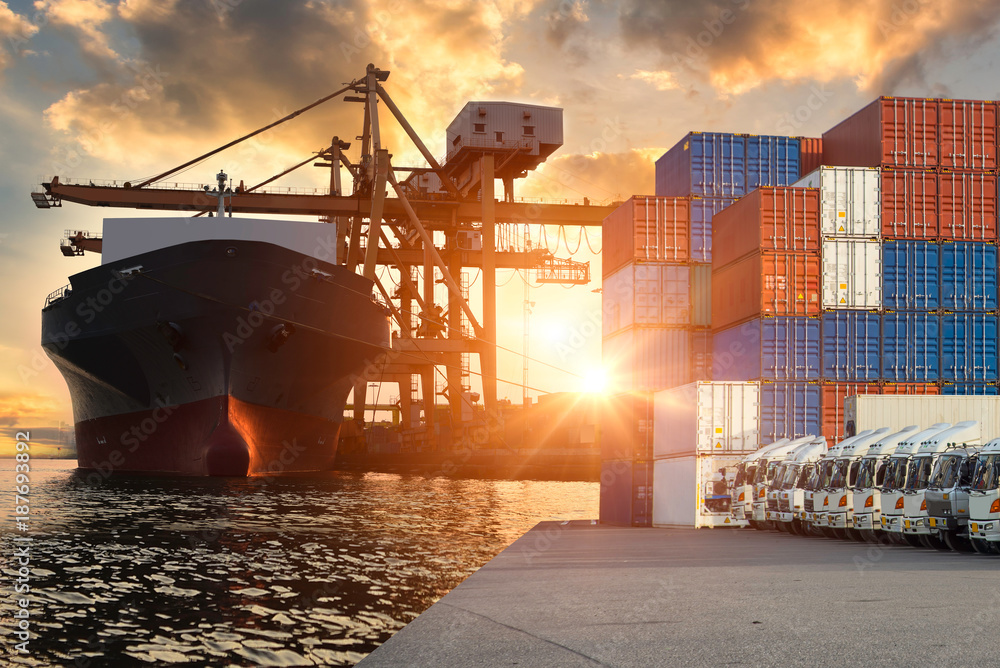 Industrial Container Cargo freight ship, forklift handling container ...