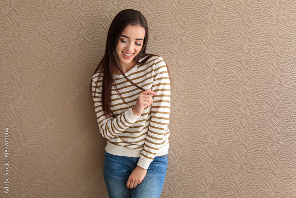 Portrait of beautiful smiling woman on color background Stock Photo ...