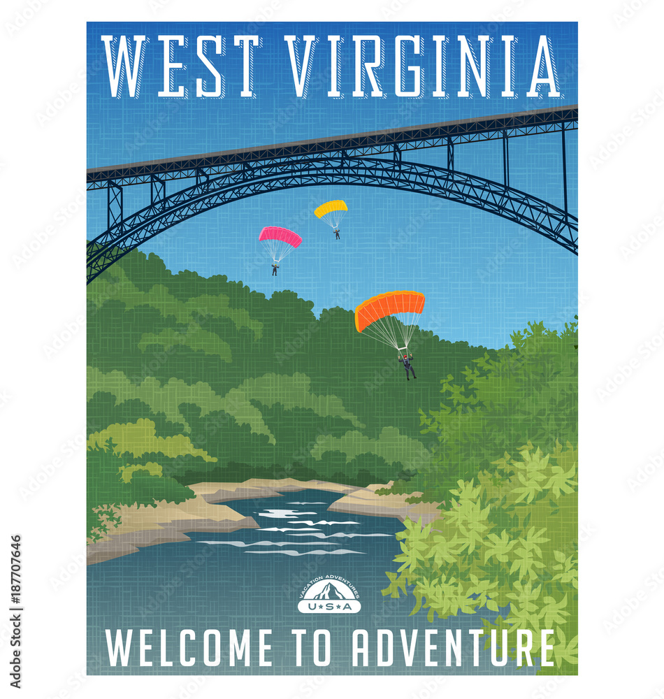 Retro style travel poster or sticker. United States, West Virginia, New ...