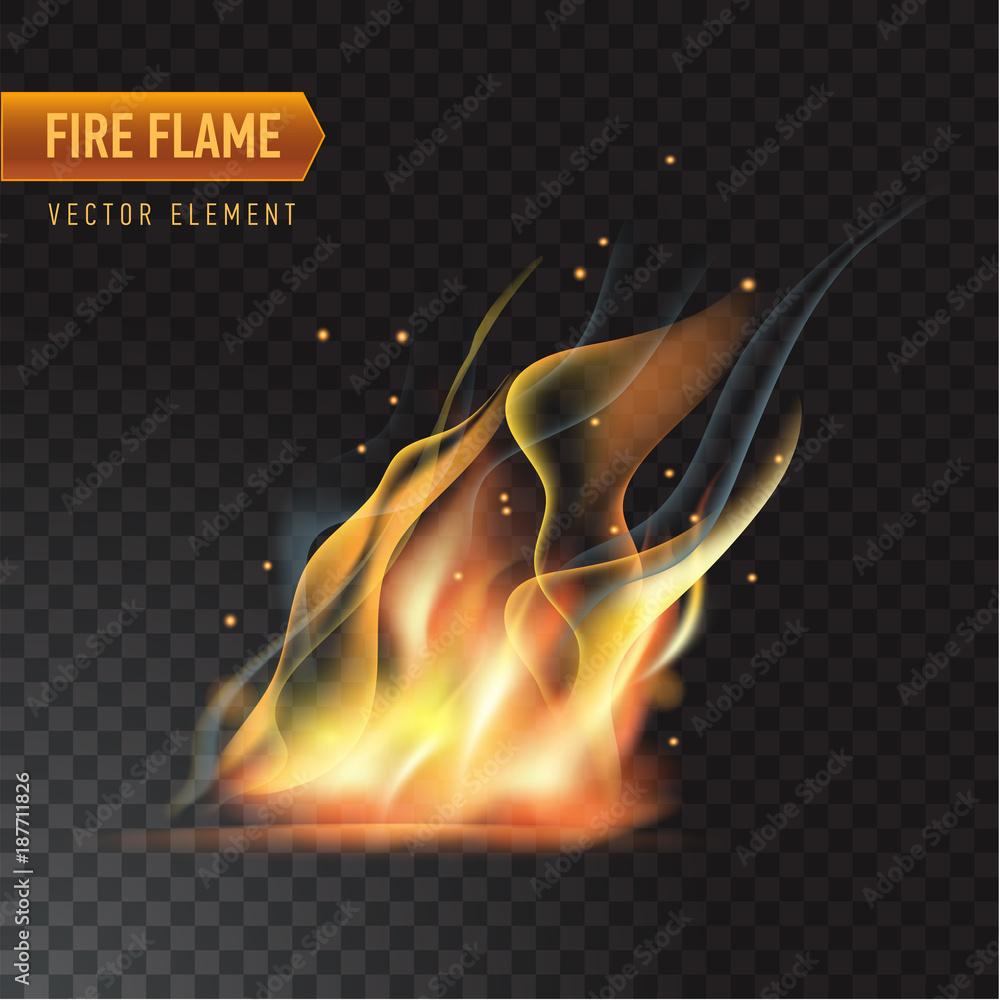 Realistic burning fire flame, vector effect with transparency. Stock ...